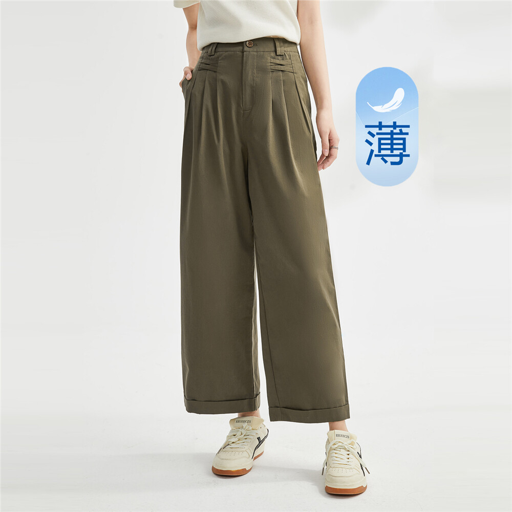 Braid pleated high waist cotton pants | GIORDANO Online Store